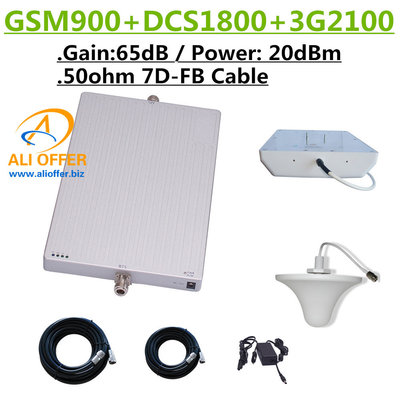 China 20dBm GSM DCS 3G 900 1800 2100 MHz TriBand Mobile Phone Signal Booster Repeater Amplifier+Panel+Dome Antenna+15m 7D-FD supplier